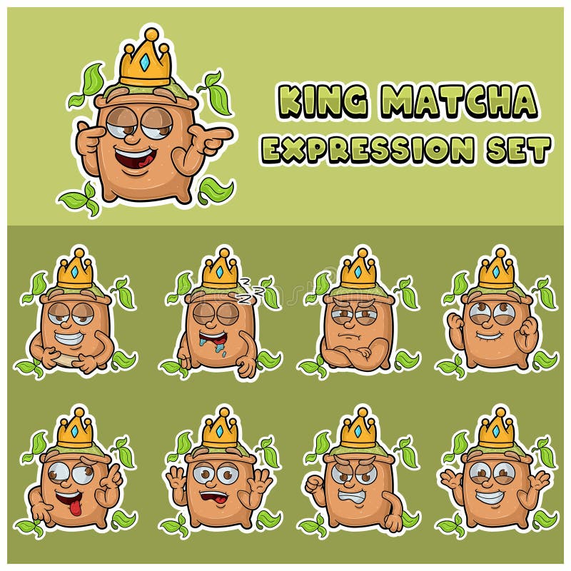 Cartoon Mascot of Matcha Character with King and Expression Set Stock ...