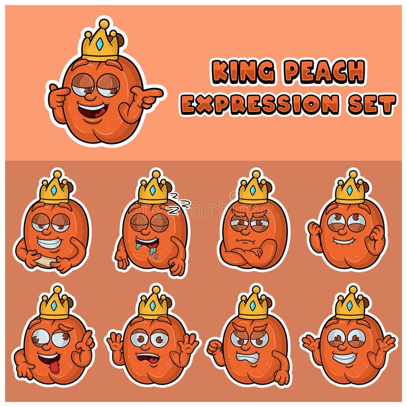 Cartoon Mascot of Peach Fuit Character with King and Expression Set ...