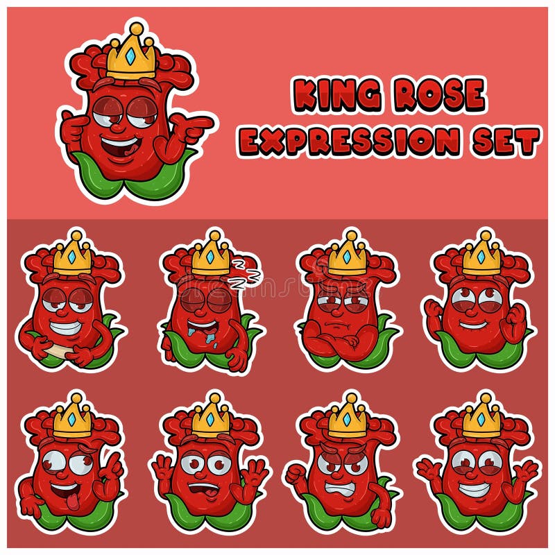 Cartoon Mascot of Rose Character with King and Expression Set Stock ...