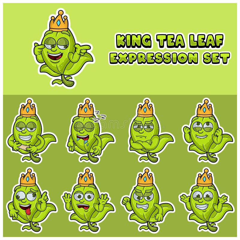 Cartoon Mascot of Tea Leaf Character with King and Expression Set Stock ...