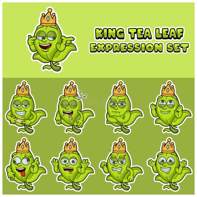 Cartoon Mascot of Tea Leaf Character with King and Expression Set Stock ...