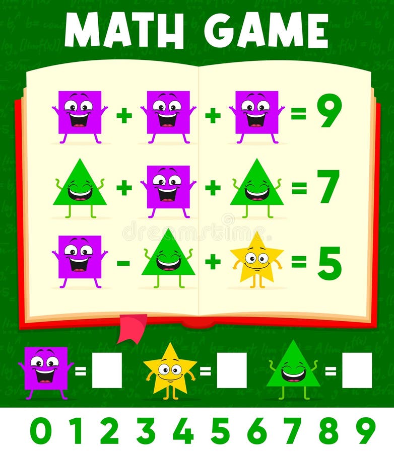 Cartoon Math Shape Characters, Math Game Worksheet Stock Vector ...