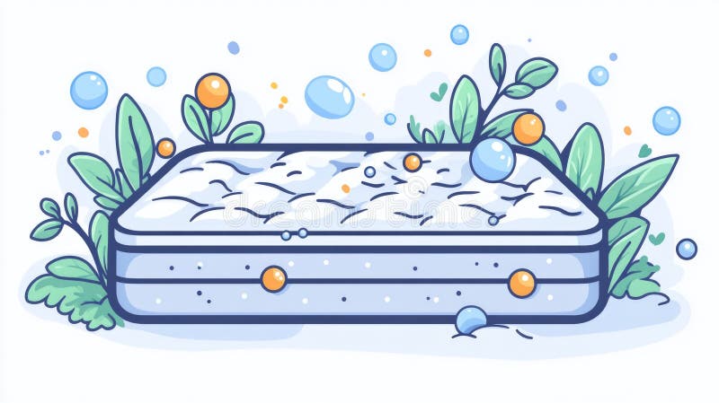 Cartoon Mattress with Bubbles, Leaves, and Oranges in a Whimsical ...