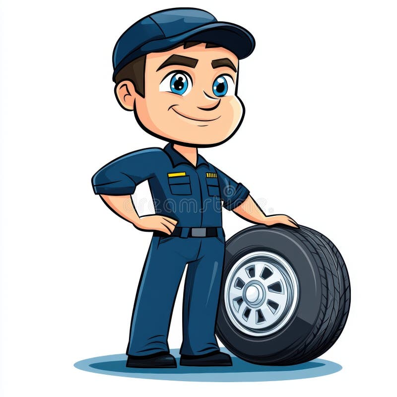 Cartoon Mechanic Confidently Stands beside a Tire Stock Illustration ...