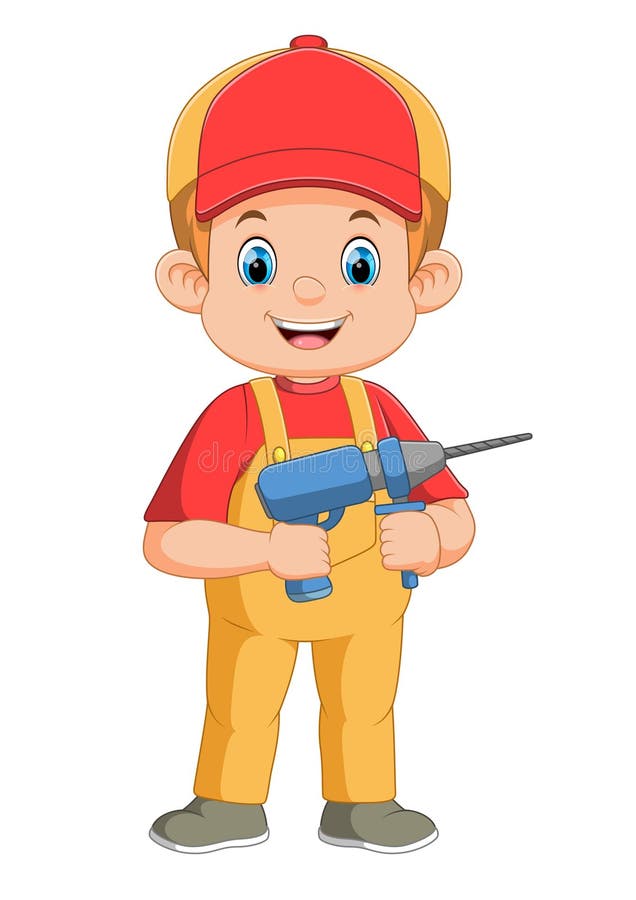 Cartoon Mechanic Holding a Drill Tool Stock Vector - Illustration of ...