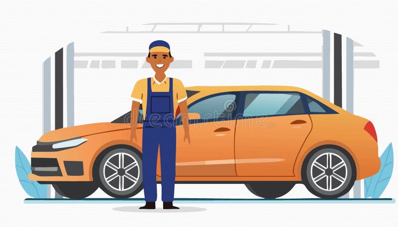 Cartoon Mechanic Repairs Broken Orange Car in Maintenance Workshop ...
