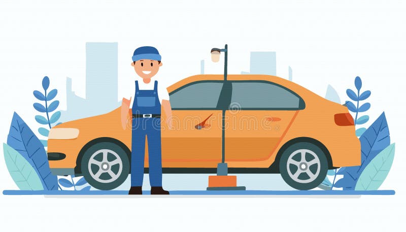 Cartoon Mechanic Repairs Broken Orange Car in Maintenance Workshop ...