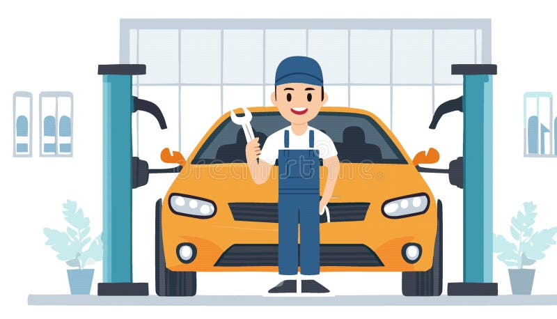 Cartoon Mechanic Repairs Broken Orange Car in Maintenance Workshop ...
