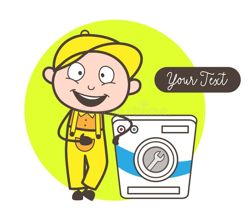 Cartoon Mechanic Standing with Washing Machine Vector Stock ...