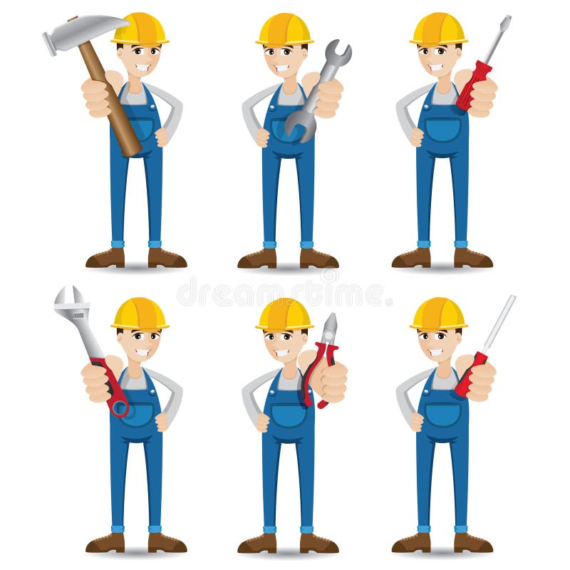 Cartoon Mechanic with Tools Set Stock Vector - Illustration of ...