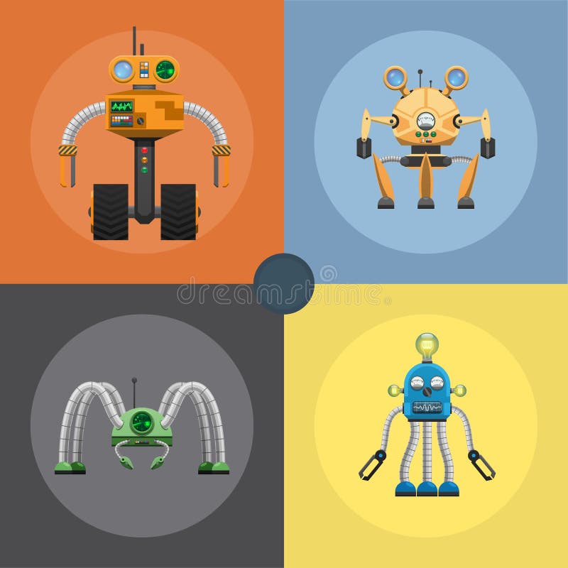 Cartoon Mechanical Steel Robots Illustrations Set Stock Vector ...