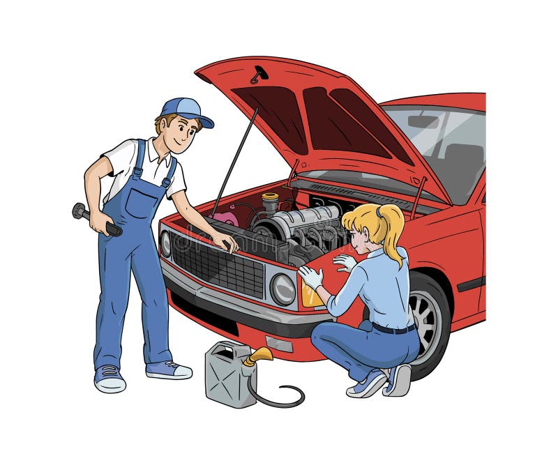 Cartoon Mechanics Inspection Red Car Engine Bay Vektor Abbildung ...