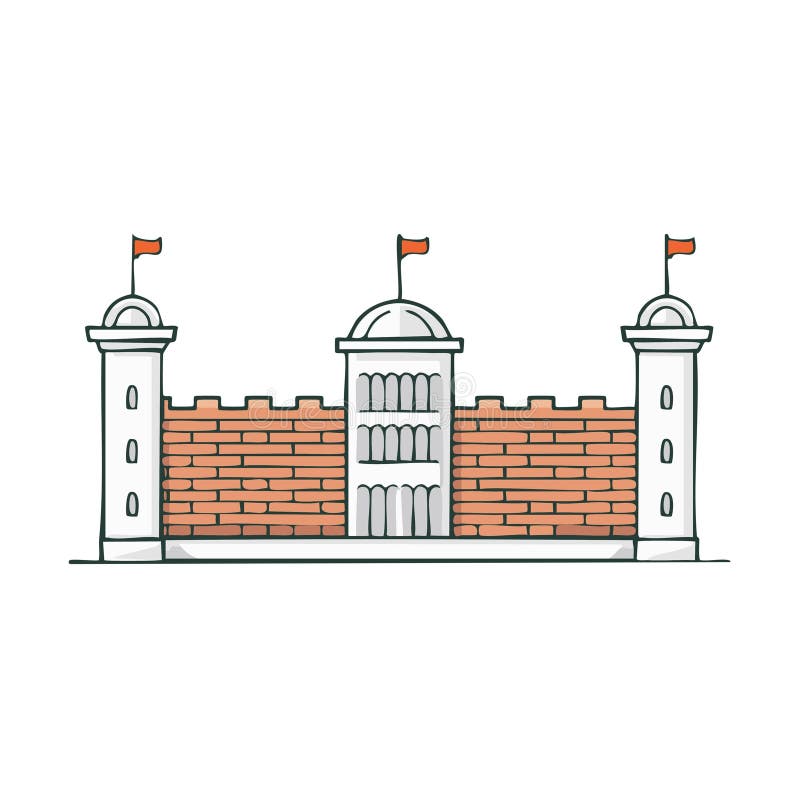 Cartoon Medieval Castle Illustration with Brick Wall and Flags on ...