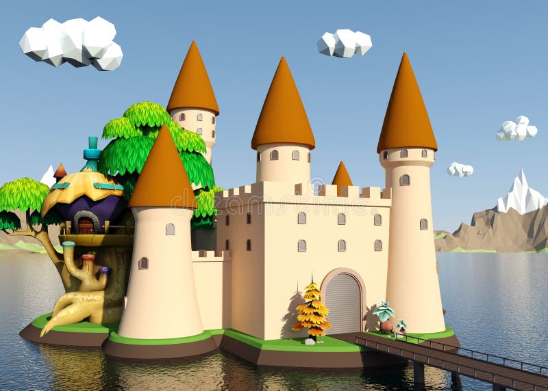 Cartoon Medieval Castle on Island with Beautiful Landscape Stock ...