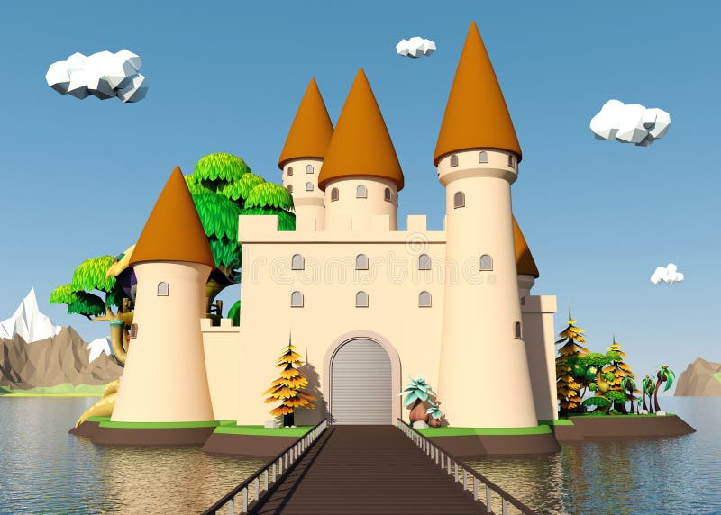 Cartoon Medieval Castle on Island with Beautiful Landscape Stock ...