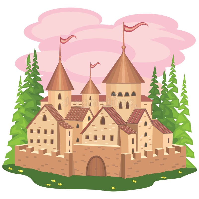 Cartoon Medieval Castle with Towers in the Middle of the Forest Vector ...