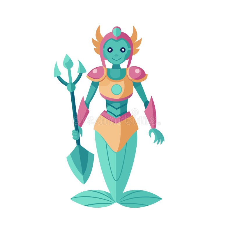 Cartoon Mermaid Warrior Illustration with Trident and Pink Armor on a ...