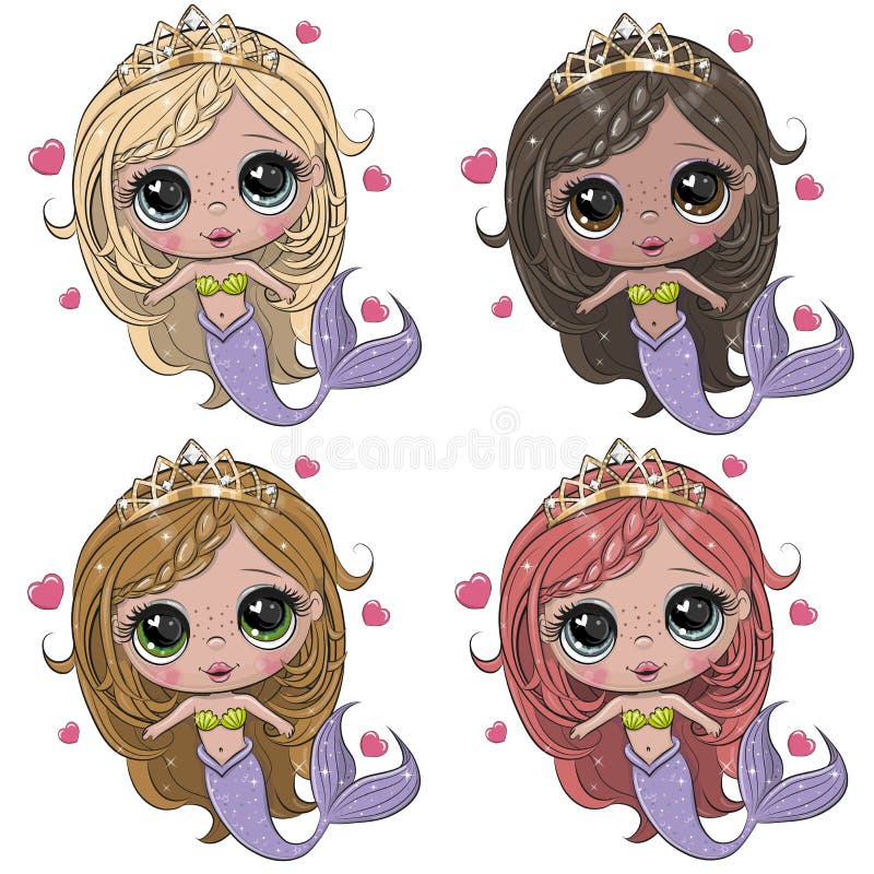 Cartoon Mermaids in Different Colors on a White Background Stock Vector ...
