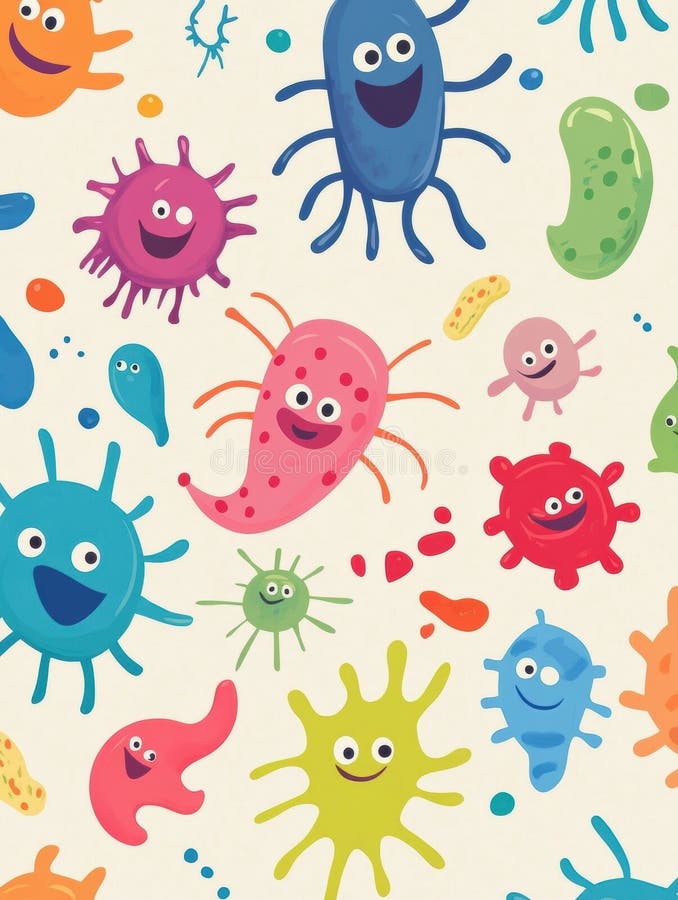 Cartoon Microbes Display Joyful Expressions in Colorful Patterns Across ...