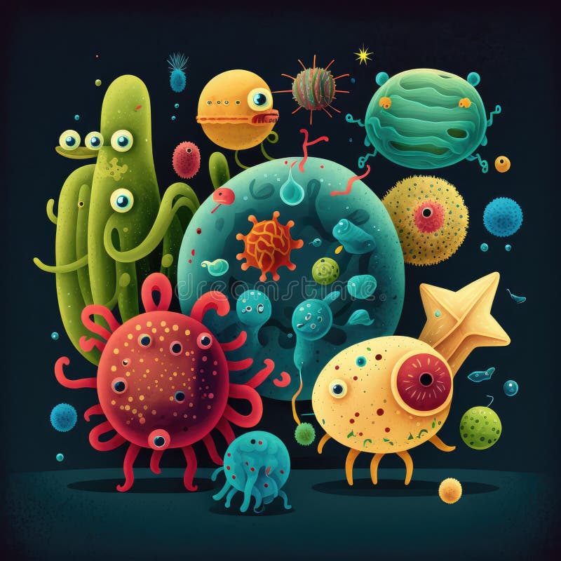 Cartoon Microbes and Viruses, Bacteria Pathogen Microorganism ...