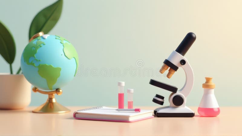Cartoon Microscope, Globe, and Test Tubes on Desk - Global Science ...