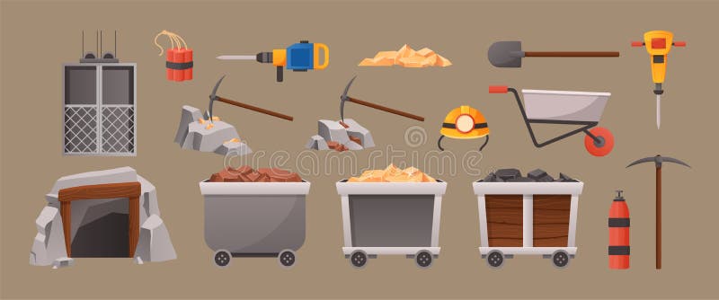 Cartoon Mining Elements. Mine Cave Entrance, Mining Elevator and Tools ...