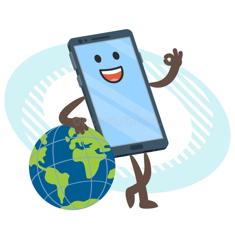 Cartoon Mobile Phone Character Leaning on the Planet Stock Vector ...
