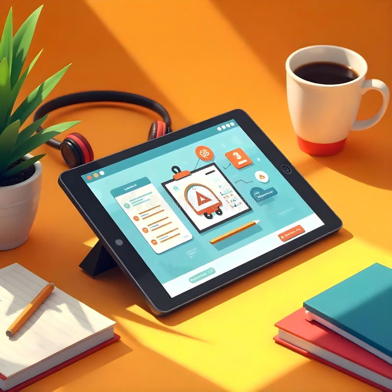 Cartoon Modern E-Learning App Displayed on Tablet with Virtual ...