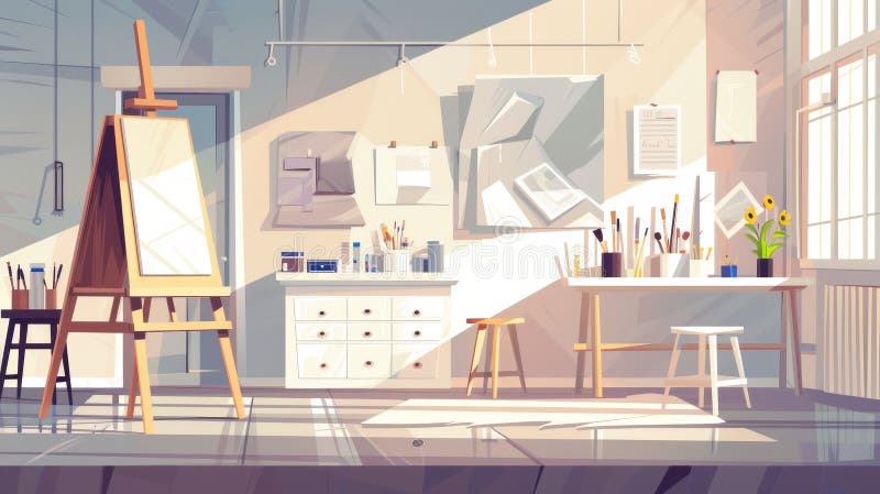 This Cartoon Modern Illustration Shows an Art Studio Workshop Interior ...