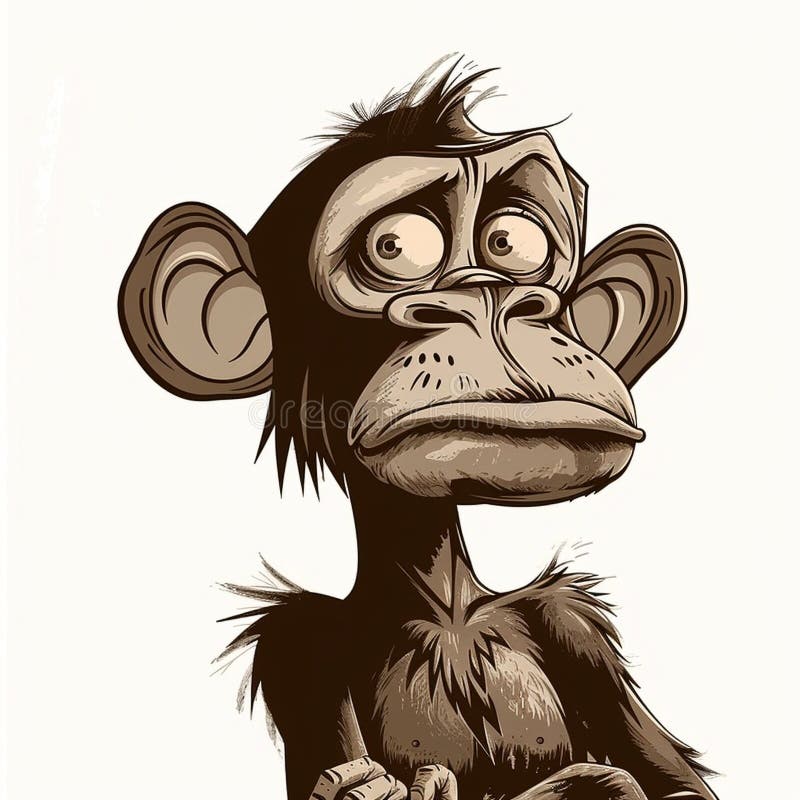 A Thoughtful Cartoon Monkey with Large Ears and Expressive Face in ...