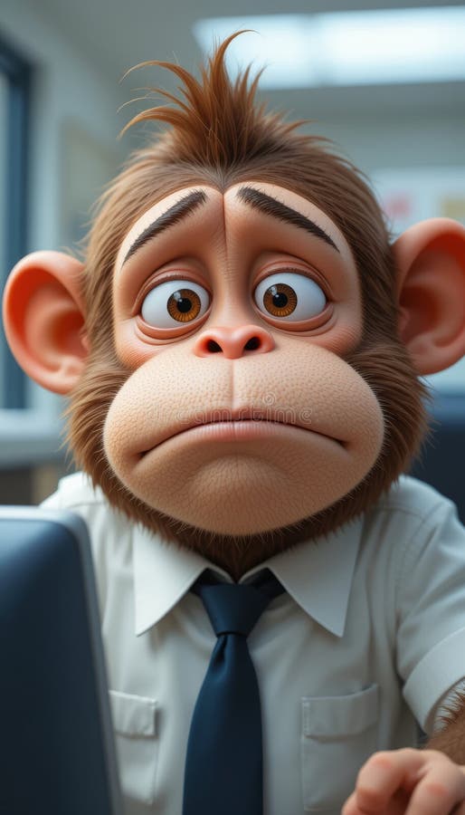 Cartoon Monkey in Office Attire Looking Sad at Computer Screen Stock ...