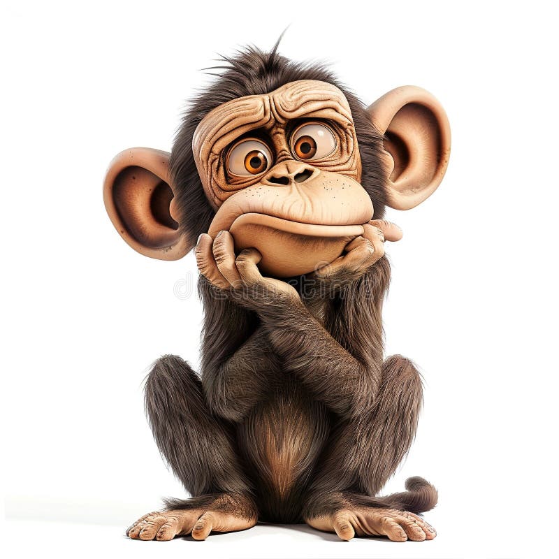 Curious Cartoon Monkey Sitting Thoughtfully on Its Haunches in a Bright ...