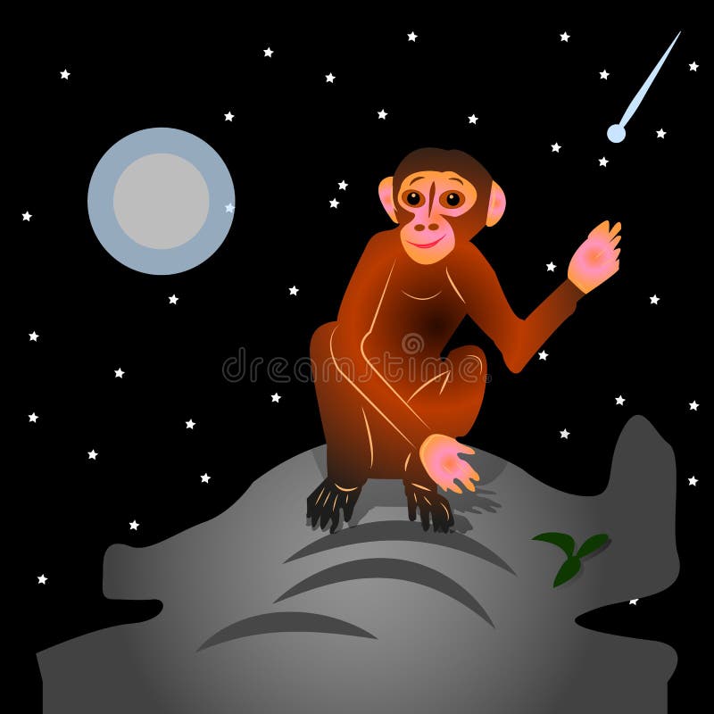 The Cartoon Monkey Sits on a Hill, with a Raised Hand Gesture, Stock ...