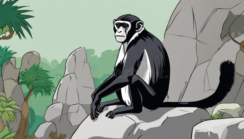 A Cartoon Monkey Sitting on a Rock Stock Illustration - Illustration of ...