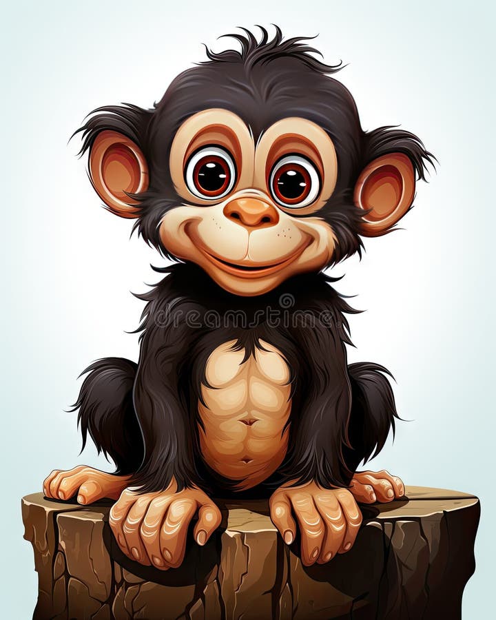 A Cartoon Monkey Sitting on a Rock with Big Eyes and a Smile ...