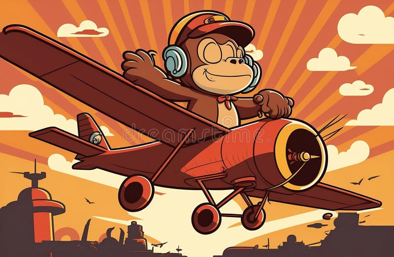 Cartoon Monkey Takes Flight As Pilot Stock Illustration - Illustration ...