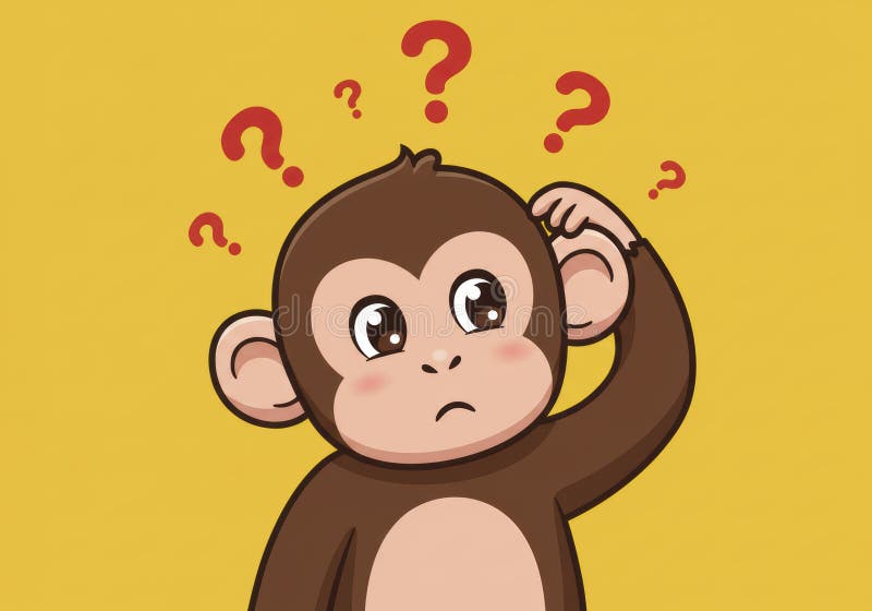 Cartoon Monkey Thinking with Question Marks on Yellow Background Stock ...