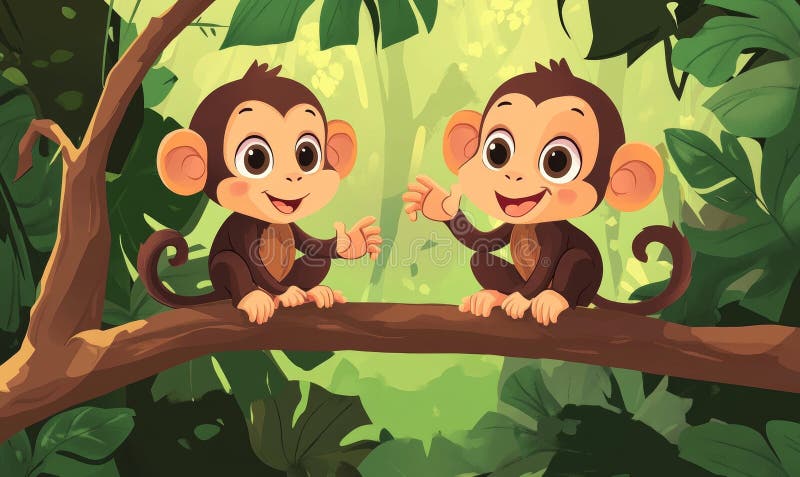 A Cartoon of Monkeys Playing on a Branch of a Tree Stock Image - Image ...