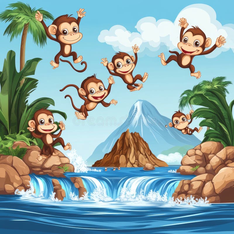 Cartoon with Monkeys Relaxing by the River while a Volcano Erupts Stock ...