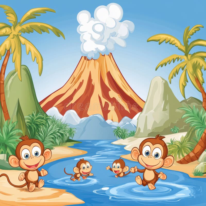 Cartoon of Monkeys Relaxing by the River while a Volcano Erupts Stock ...