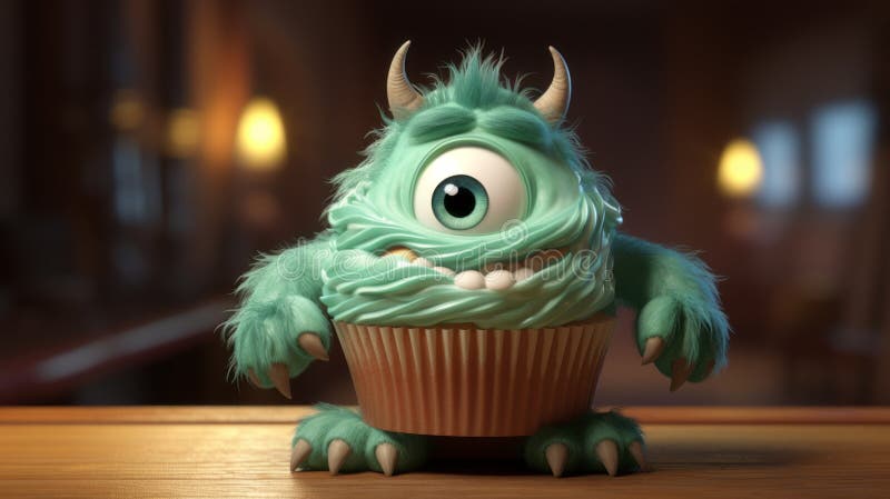 Dreamy Vray Tracing of Cute Monster on Table with Pixar Style Muffin Stock Illustration ...