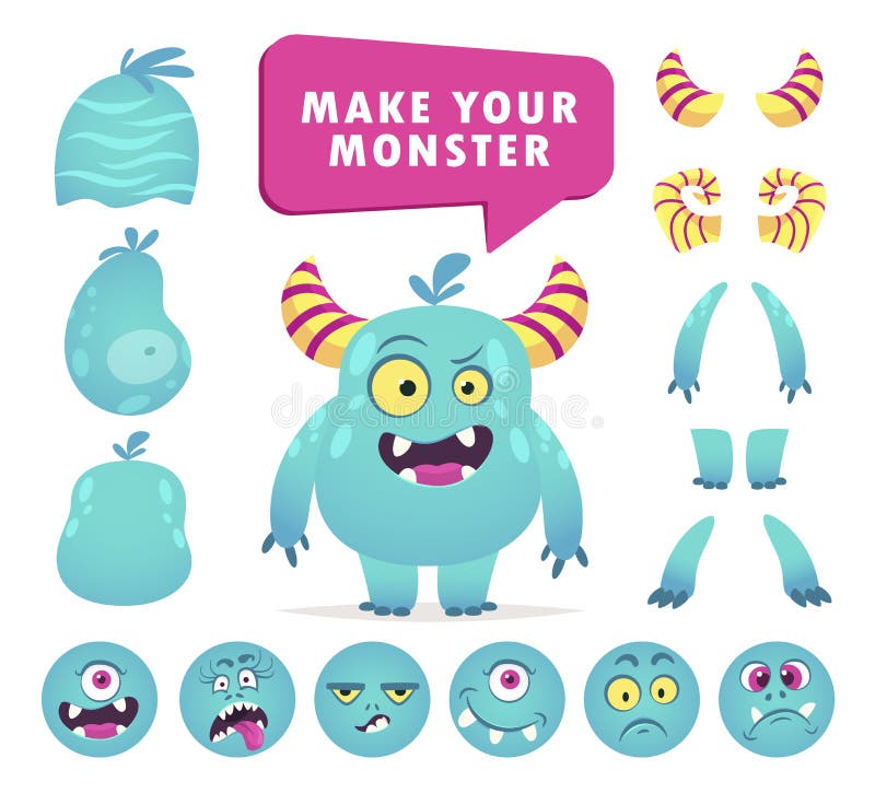 Cartoon Monster Creation Kit, Cute Face Set Stock Vector - Illustration ...