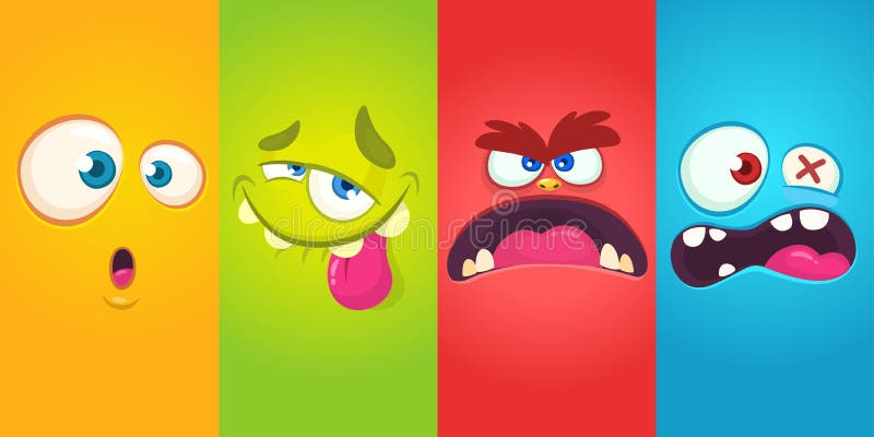 Cartoon Monster Faces Set. Vector Collection of Four Halloween Monster ...