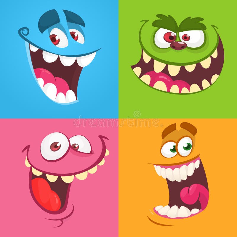 Cartoon Monster Faces Set. Vector Collection of Four Halloween Monster ...