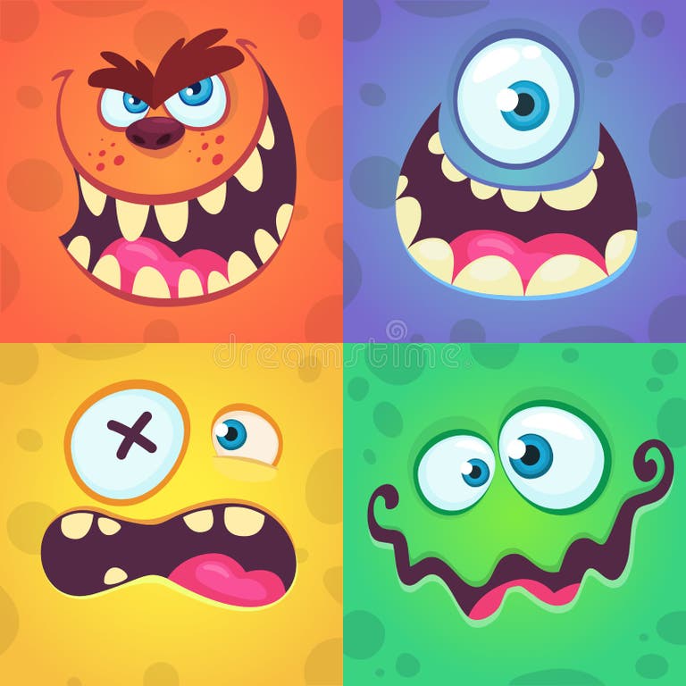 Cartoon Monster Faces Set. Vector Set of Four Halloween Monster Faces ...