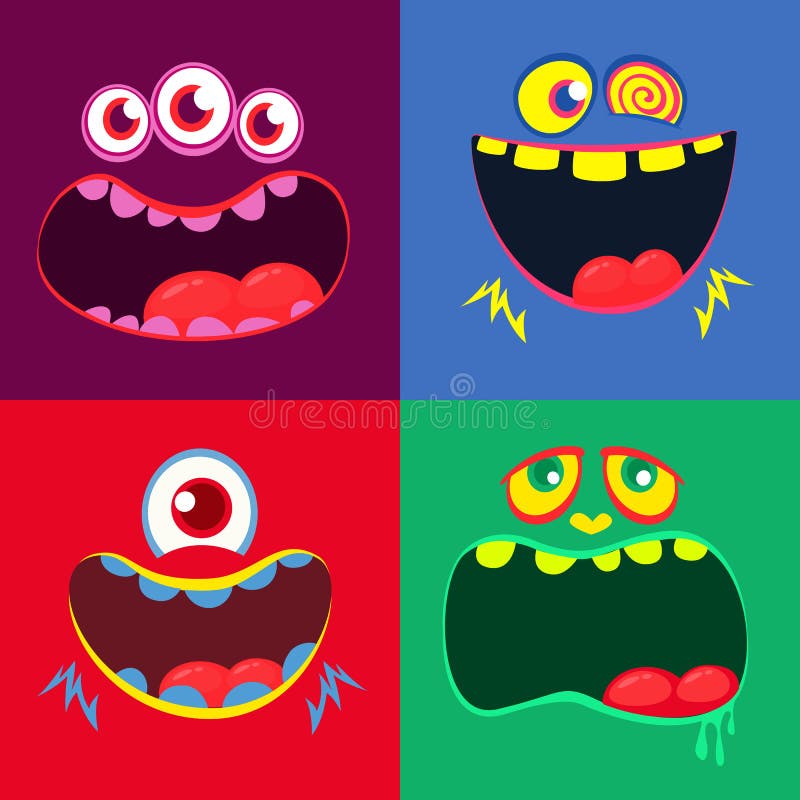 Cartoon Monster Faces Set. Vector Set of Four Halloween Monster Faces ...