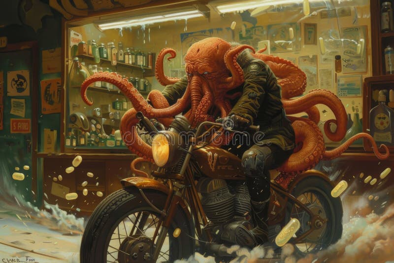 A Cartoon Monster with Tentacles on a Motorcycle. Illustration Stock ...