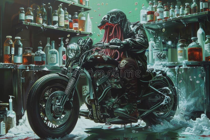 A Cartoon Monster with Tentacles on a Motorcycle. Illustration Stock ...