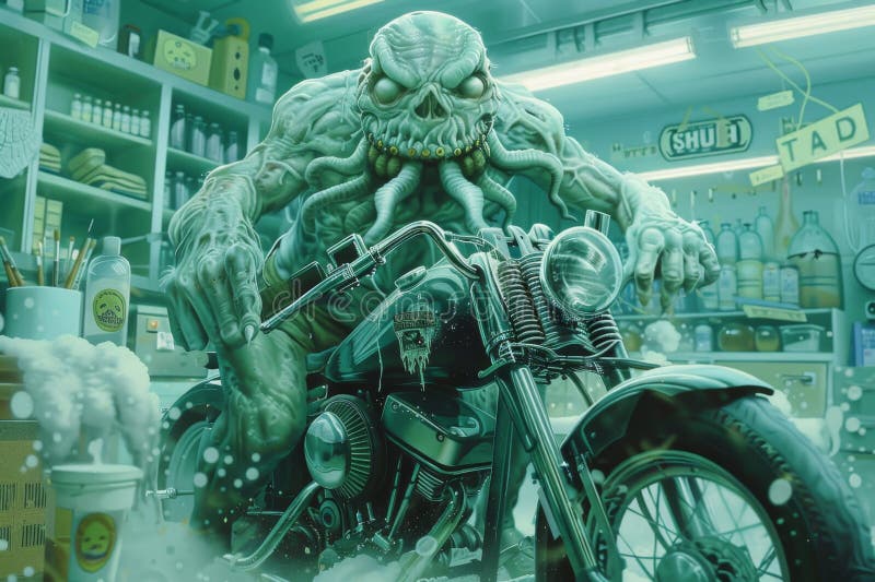 A Cartoon Monster with Tentacles on a Motorcycle. Illustration Stock ...