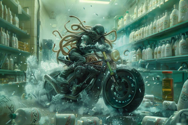 A Cartoon Monster with Tentacles on a Motorcycle. Illustration Stock ...